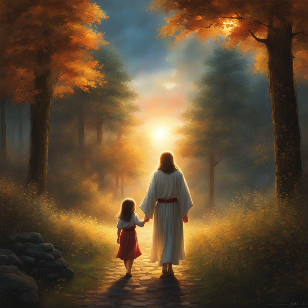 Lord Jesus holding the hand of a little girl by Li Xia - Playground