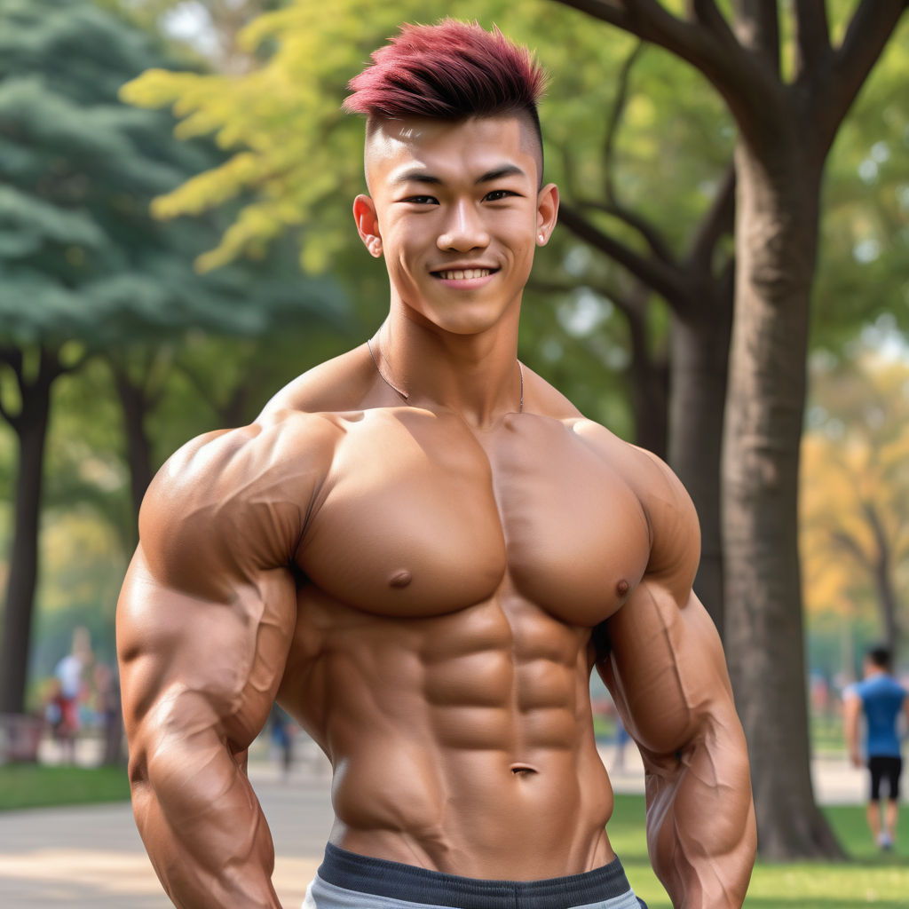 Asian Teen male bodybuilder smirking short fohawk haircut a... by Asian ...