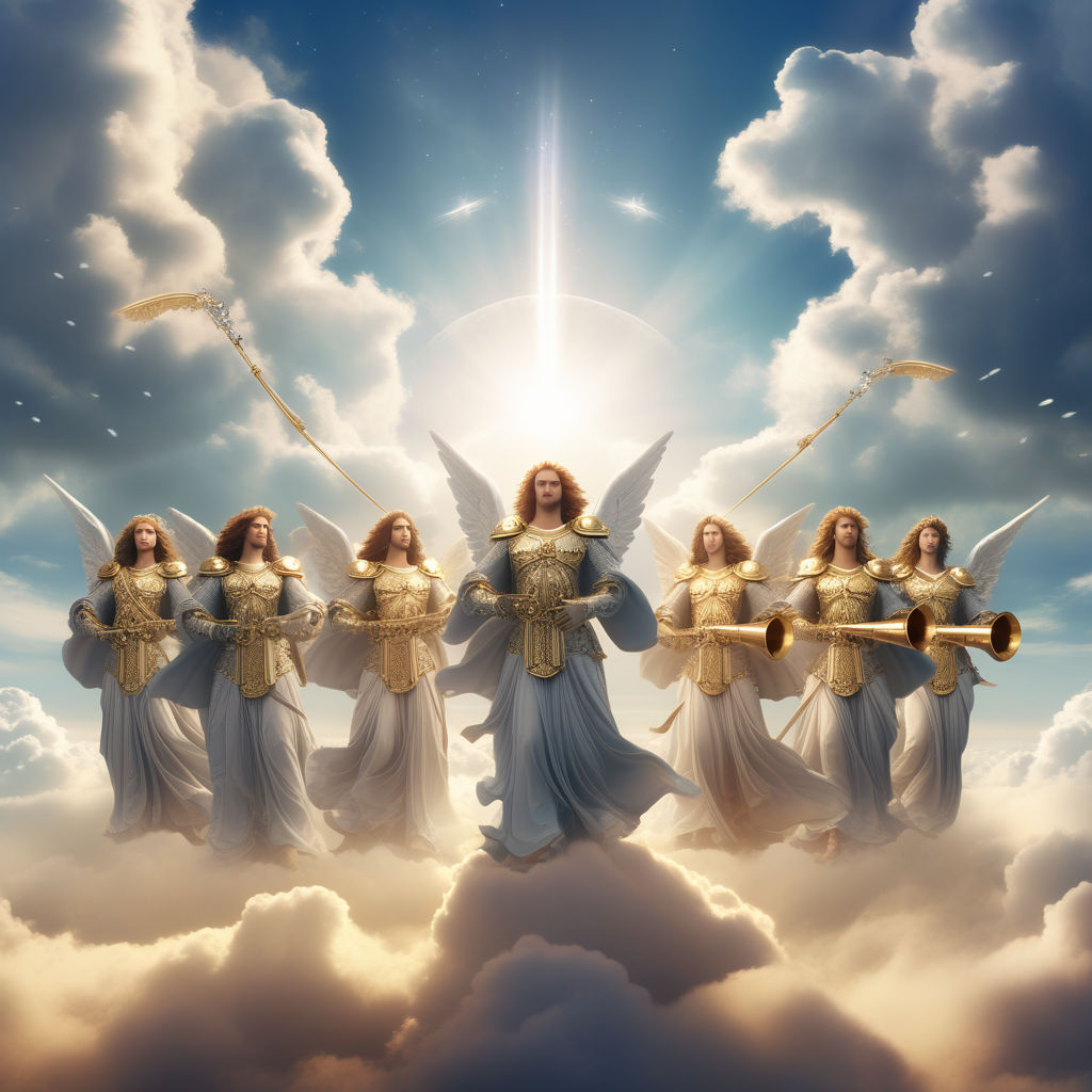 SEVEN MALE ANGELS IN ARMOR HOLDING A HEAVENLY TRUMPET IN THE... by ...