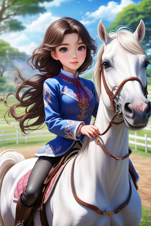 An adorable anime girl riding a beautiful horse in a horse r... by ...