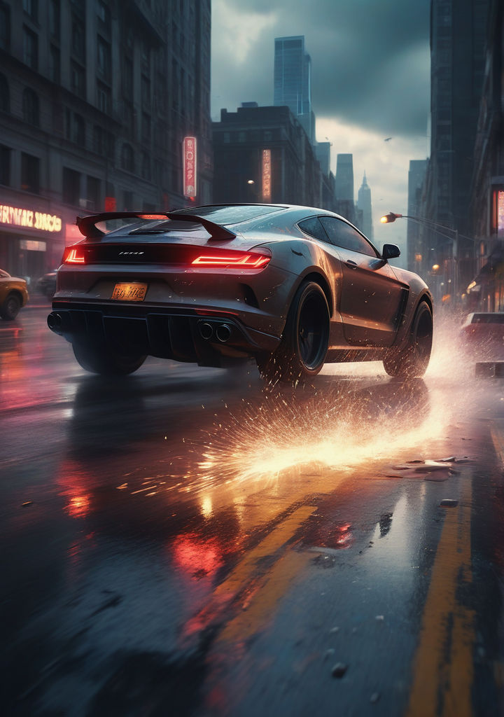 High-octane car chase scene swirling through an urban landsc... by ...