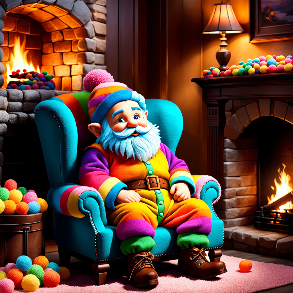 Dwarf in cozy attire embracing a plushie constructed from co... by ...