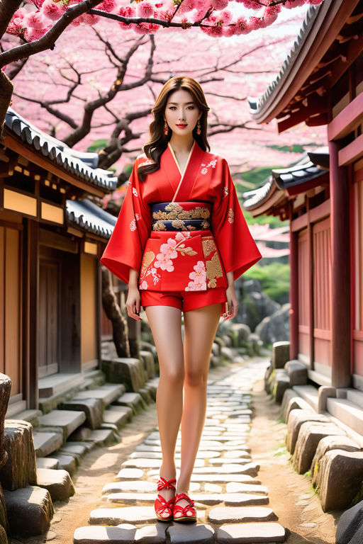 A serene maiden in vibrant vermilion mini kimono shorts by H310 - Playground