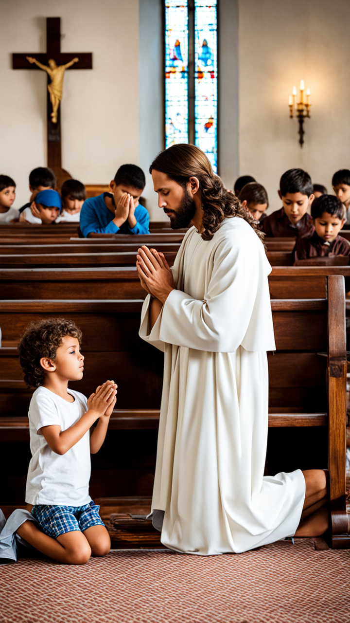 Jesus Christ in the church praying with kids by JB - Playground