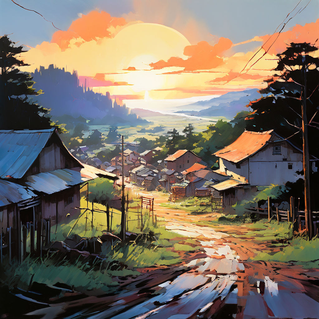 Acrylic painting depicting a robust village with dominant lo... by pkay ...