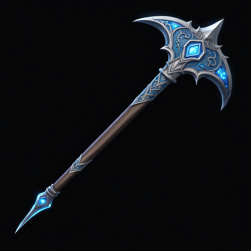 A elven silver mithril two-handed pickaxe with glowing blue ... by ...