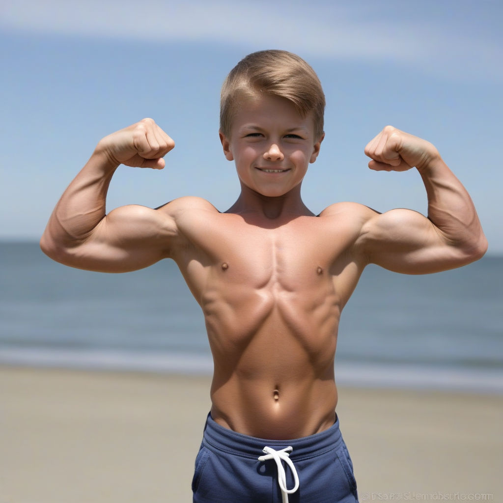 13 year old boy bodybuilder flexing muscles at the beach by Aaron Simmons - Playground