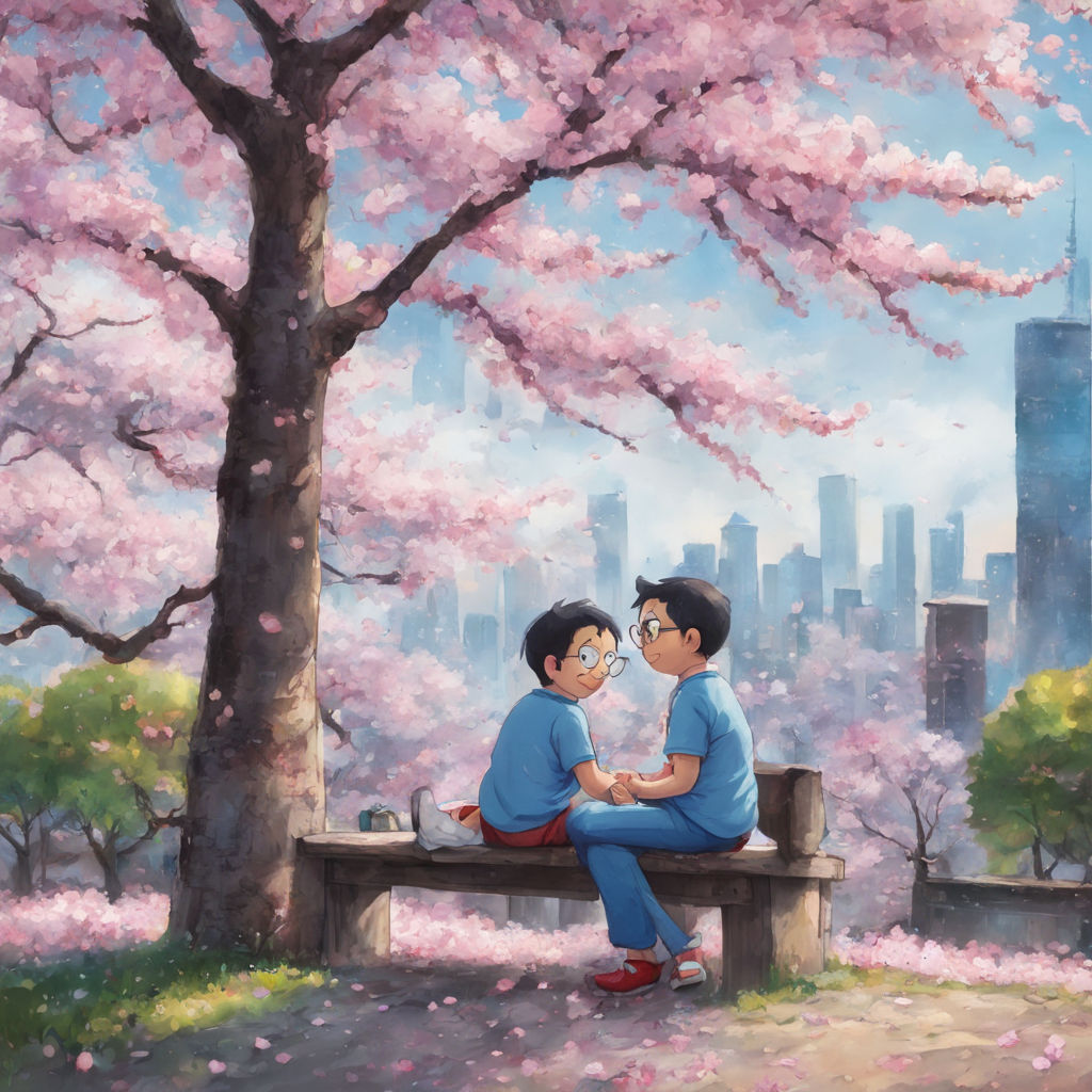 Doraemon and Nobita sitting under a cherry blossom tree by teri ...