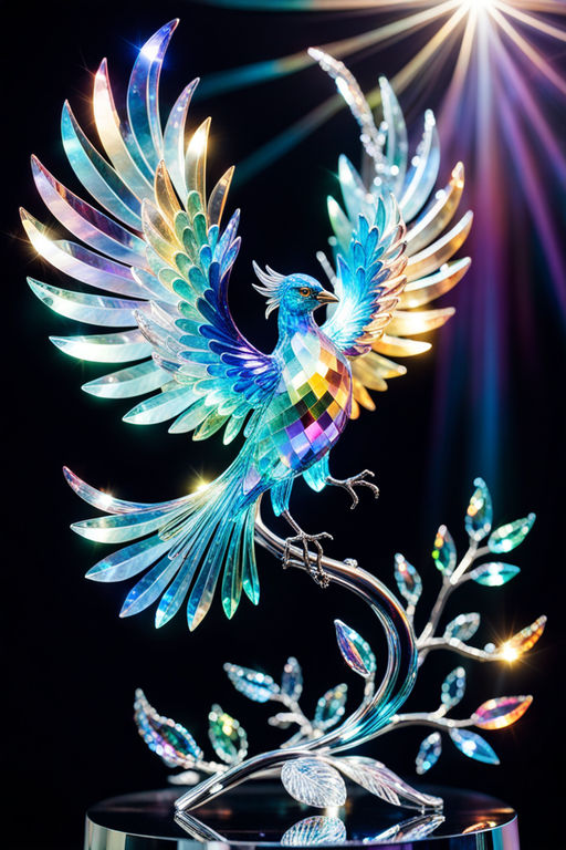 Crystal sculpture in the shape of an iridescent phoenix on a... by ... Crystal sculpture in the shape of an iridescent phoenix on a... by ...