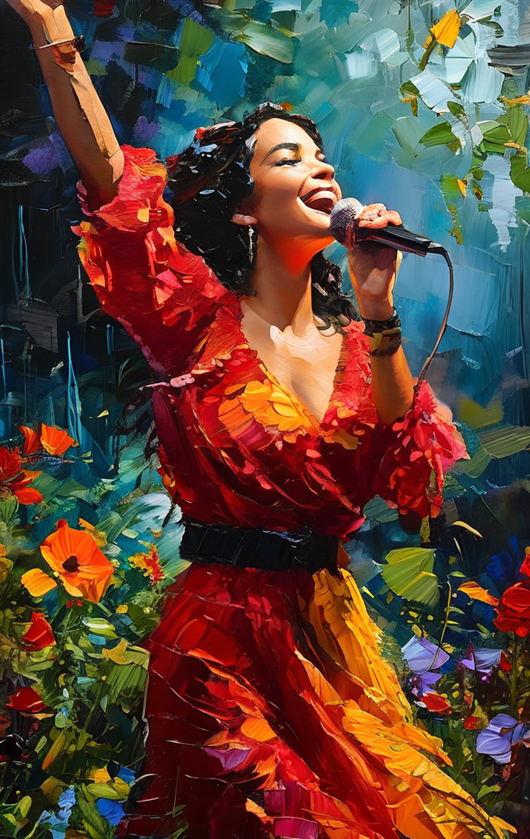 Oil painting of a woman singing into a microphone by Elouan Halais ...