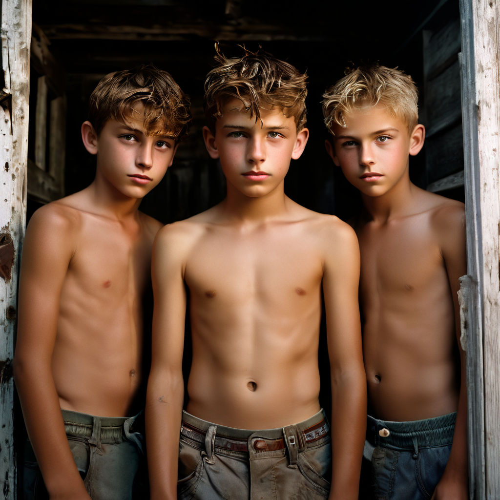Three shirtless white caucasian fourteen year old boys with ... by Anxo Piñeiro - Playground