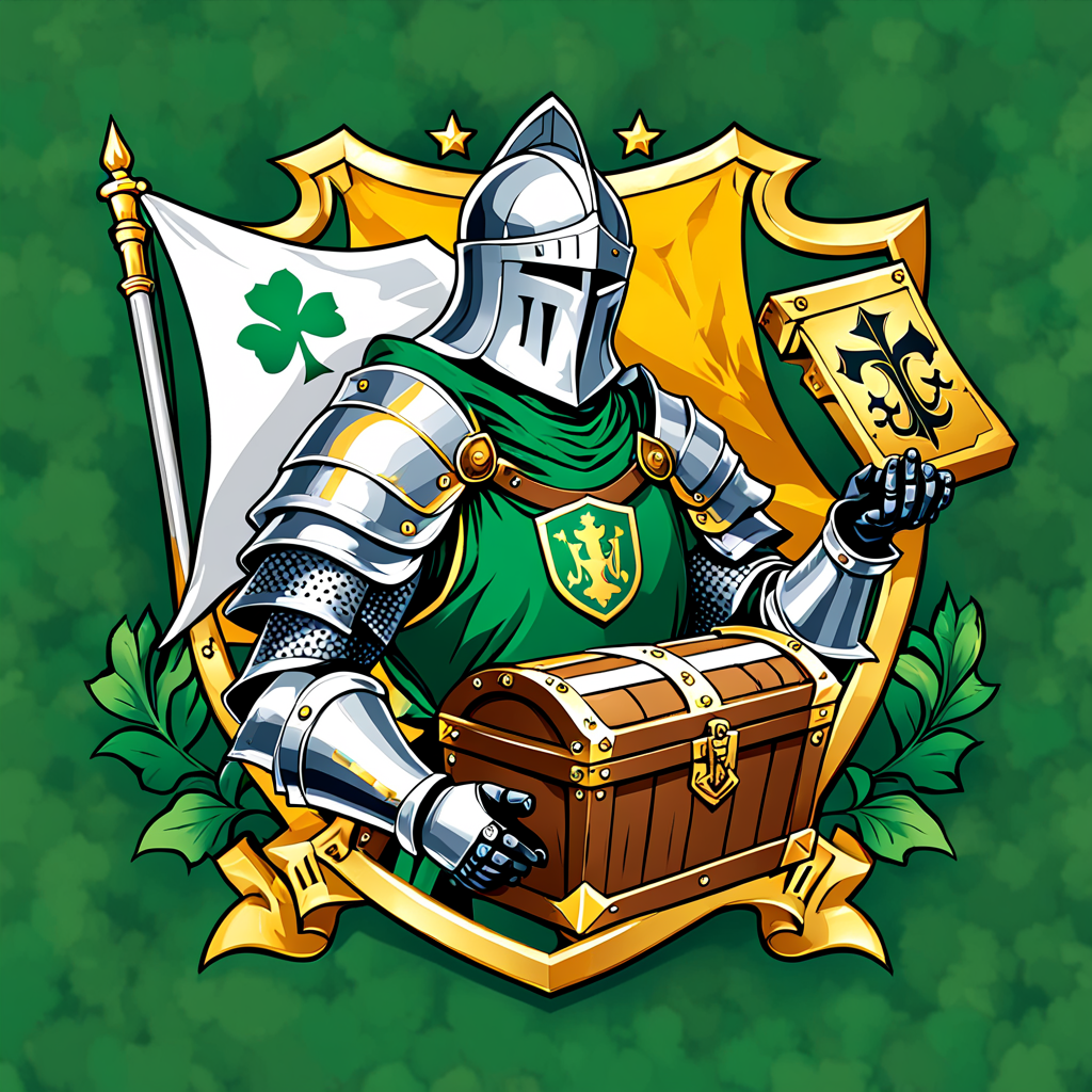 A logo of a medieval knight holding a treasure chest with th... by ...