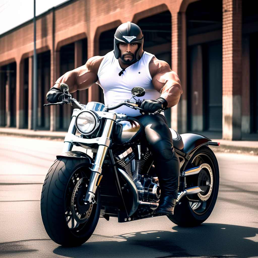 Huge bodybuilder in motorpants wearing a motorcycle helmet by luuk ...