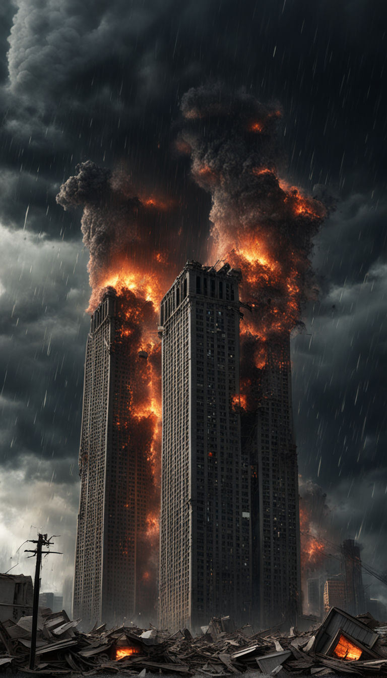 Creepy dark twin towers with hellfire ablaze in the dark vio... by ...