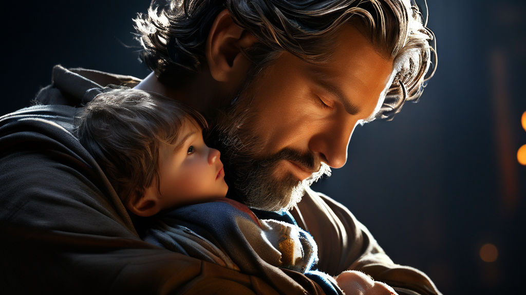 Depict the man in the uploaded image laying hands on his son... by ...