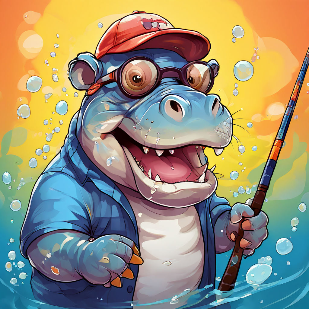 Cartoon-style hippo wearing baseball cap and glasses by SUN Lee ...