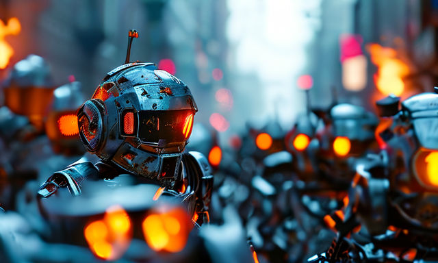 Robot Invasion: Illustrate a scene of robots marching throug... by Luka ...