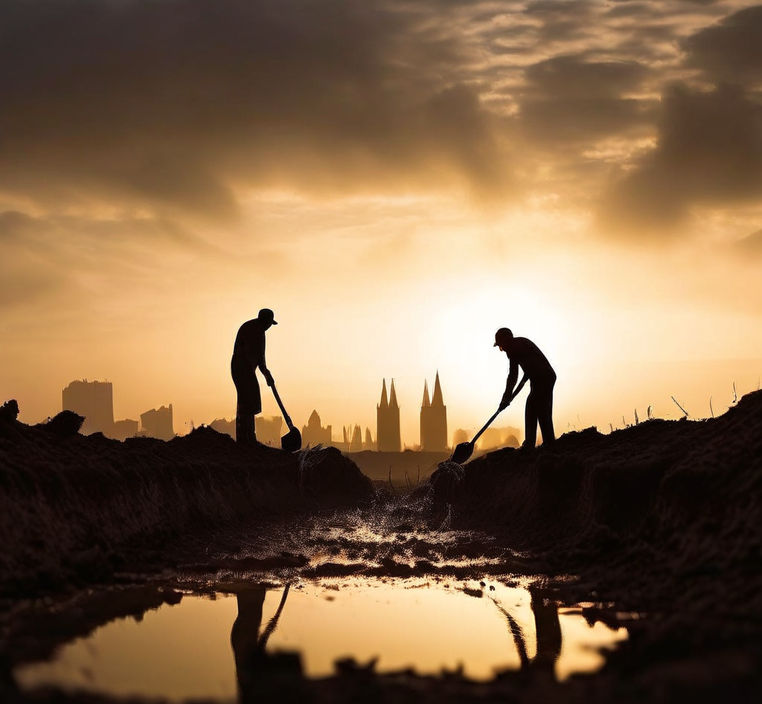Silhouettes of people digging the ground with shovels. The p... by Naw ...