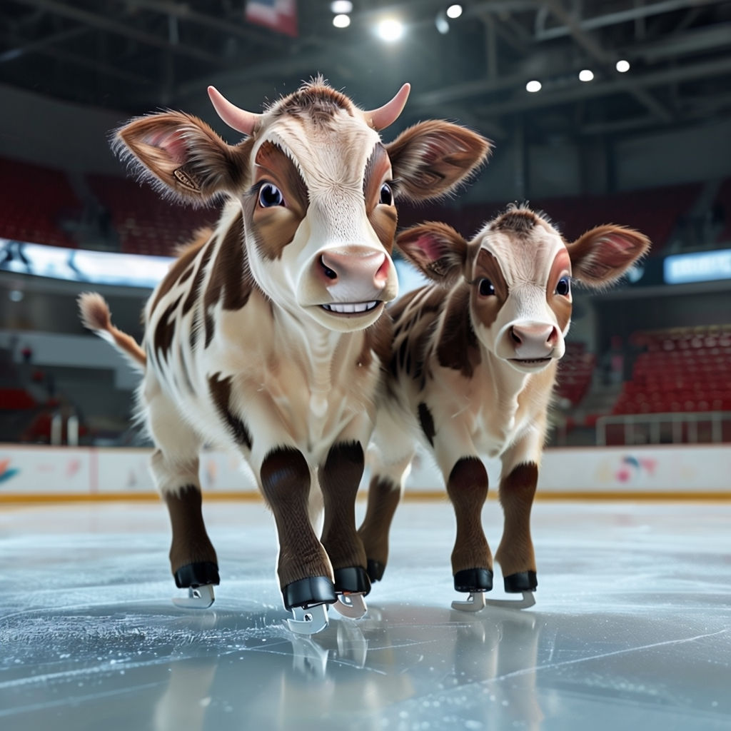 Very beautiful cow and her calf skating on the ice of a spor... by Yura ...