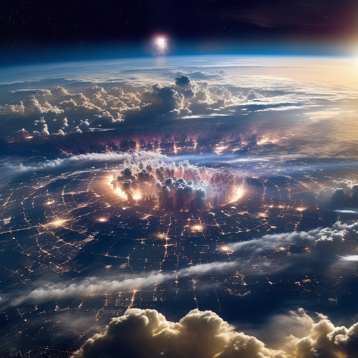 As seen from a space station show an day time atomic explosi... by ...