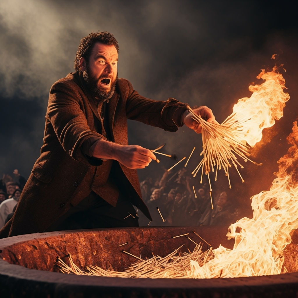 Dramatic photo of man throwing matches into burning pit by Mehmet ...