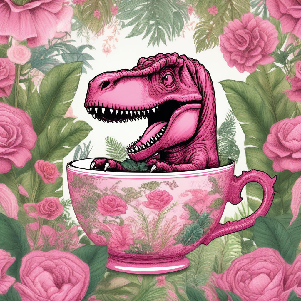 A pink T-Rex inside a teacup with more specific elements suc... by taro ...