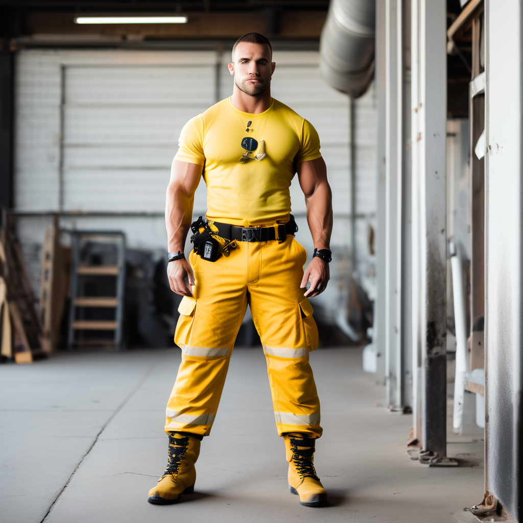 Tall muscular shirtless firefighter buzzcut full body yellow... by Jack ...