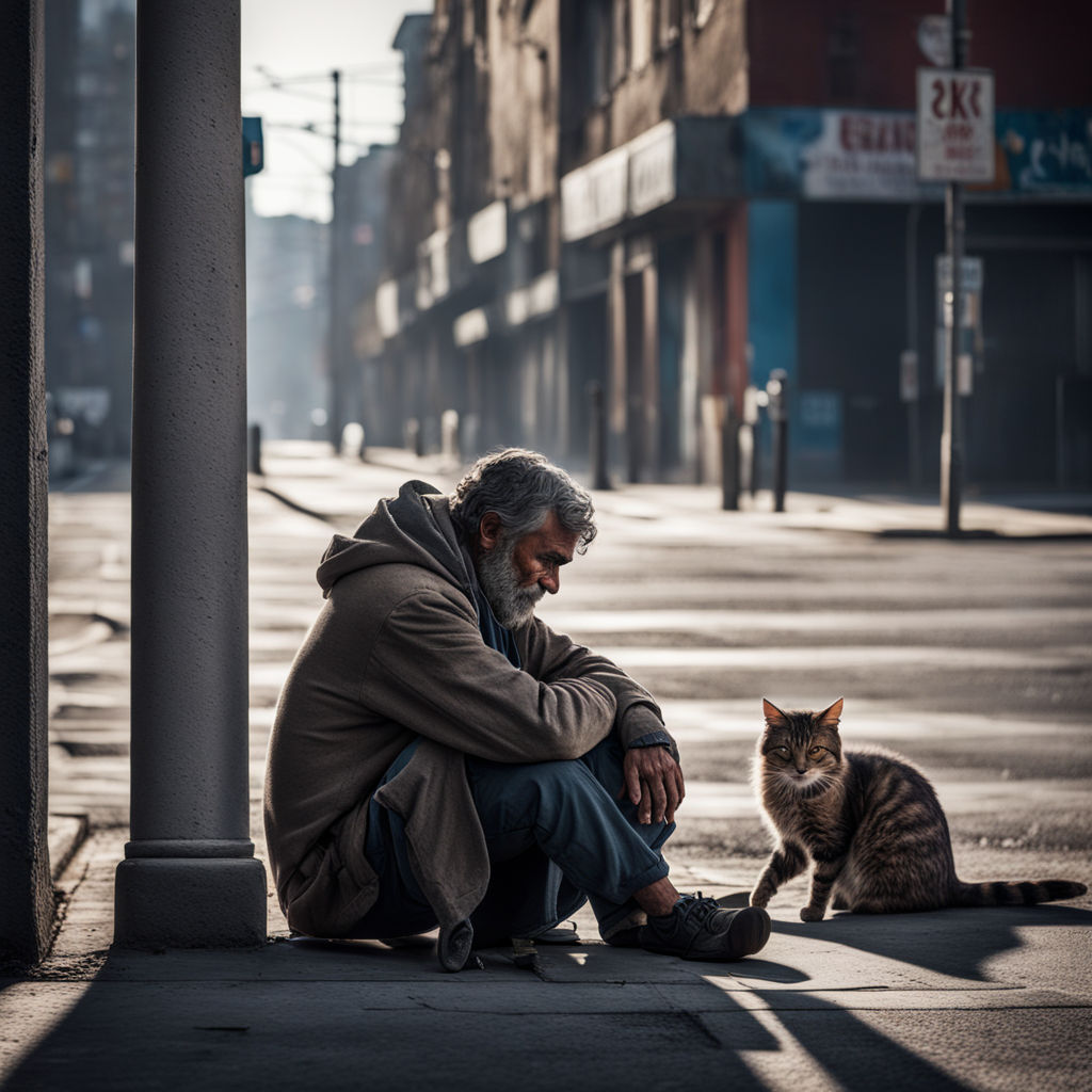 Homeless man seated on gritty urban street corner by Boy Anjay - Playground
