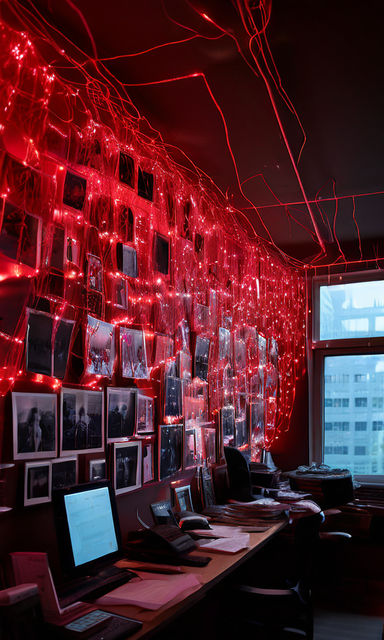 A wall covered with red string connecting photos of politica... by Dirk ...