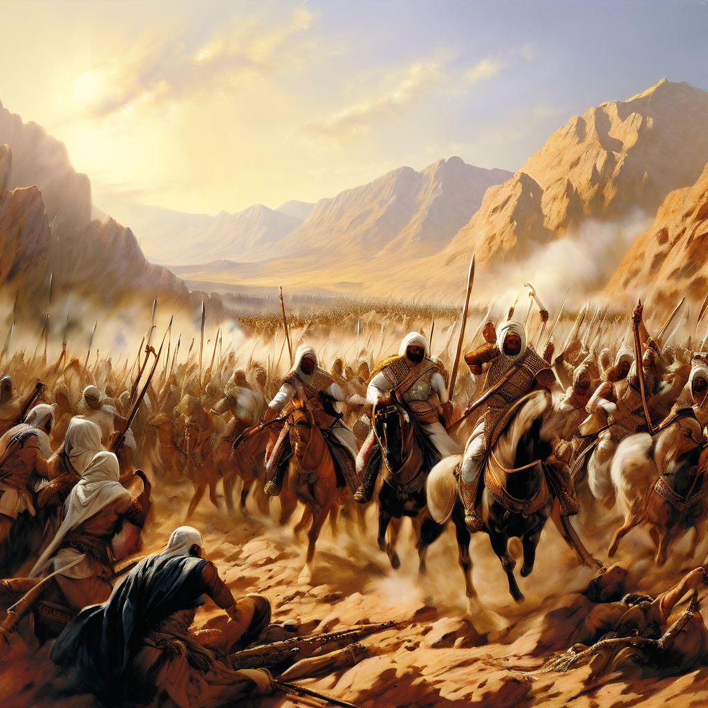 An artistic depiction of the Battle of Uhud showing Muslim f... by ...