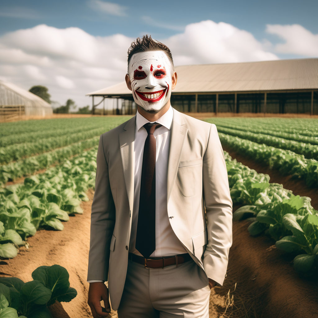 Serial killer with blrown suit and big smile in farm by El abuelo malo ...