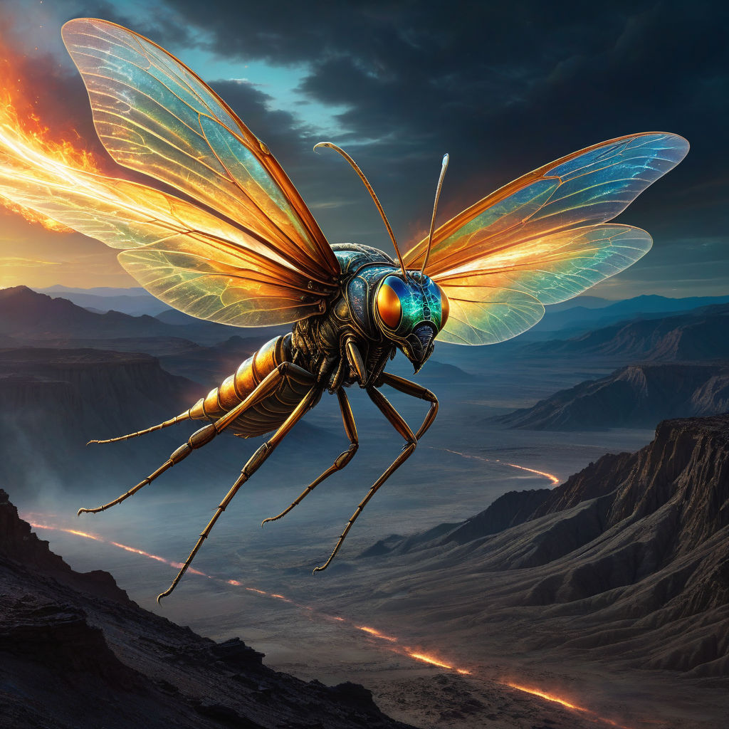 Alien fire insect with iridescent wings mid-flight by JUAN IGNACIO ...