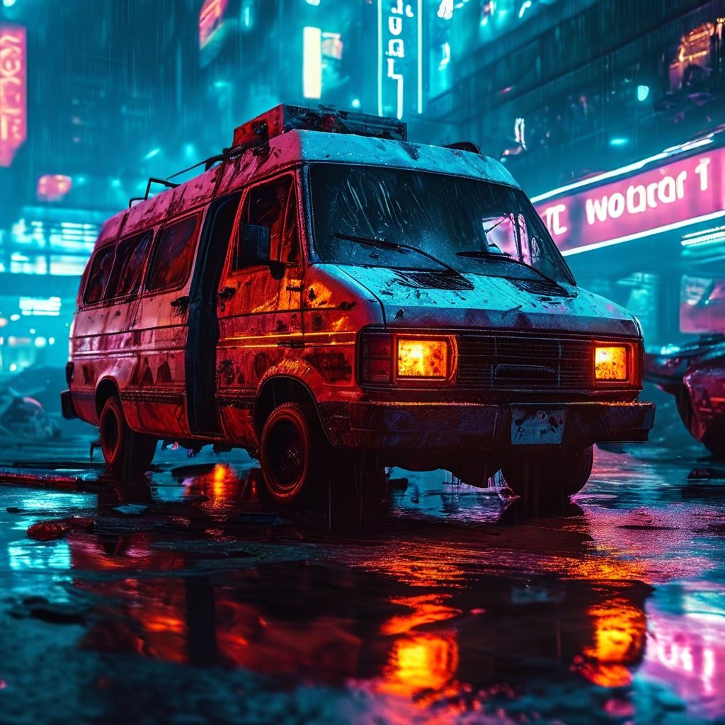 First aid van ablaze amidst a grimy cyberpunk parking lot by Leika ...