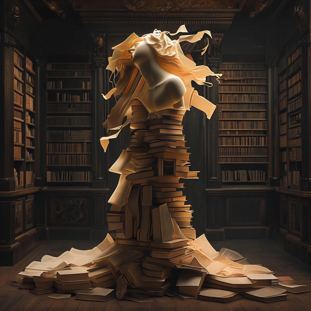 Interior library; dim light; in the middle: a nymphe made of... by Der ...