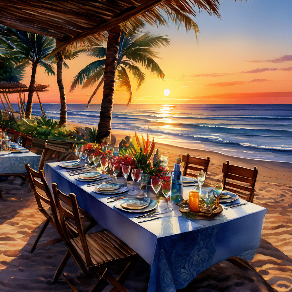 Decorated table at the beach resort in sunset time near the ... by ...