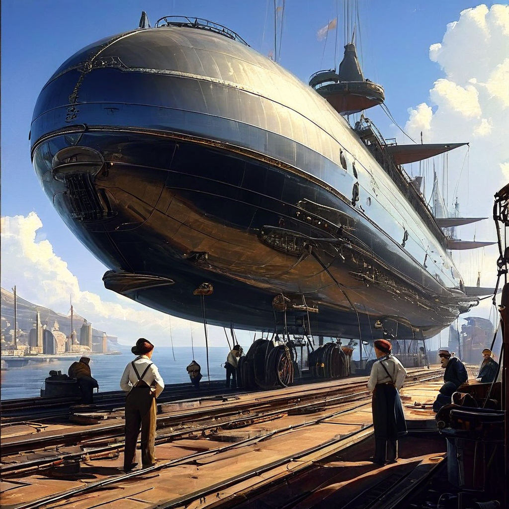 Female engineers working on airship at port by Clarus - Playground