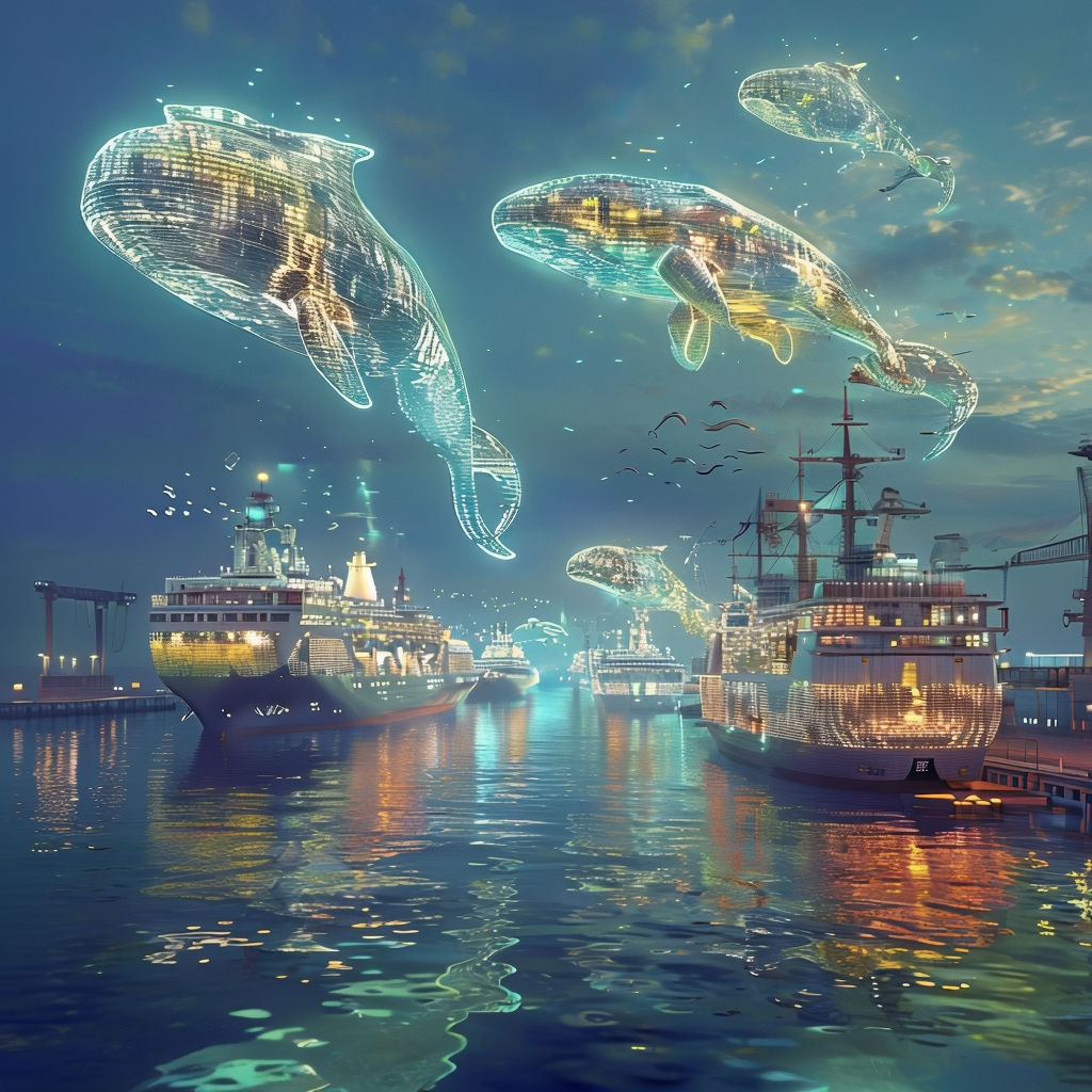 Depict a futuristic harbor where ships and sea creatures are... by ...