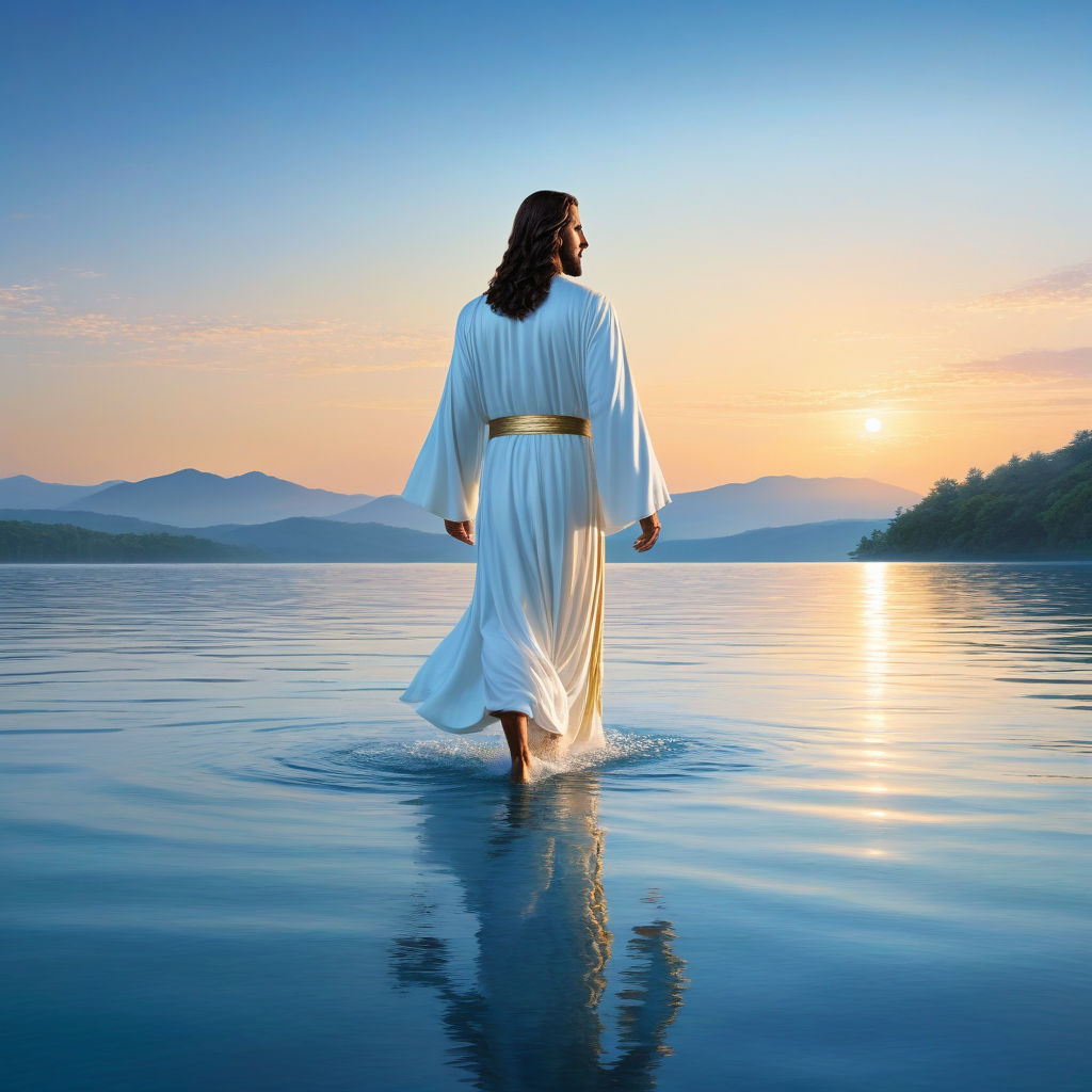 Jesus strides across the lake's shimmering expanse by caio ferreira ...