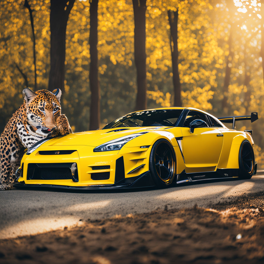A yellow GTR R35 Rocket Bunny Liberty Walk in nature with a ... by ...