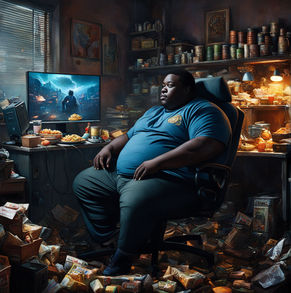 Overweight African Discord moderator seated on an odor-emitt... by ...