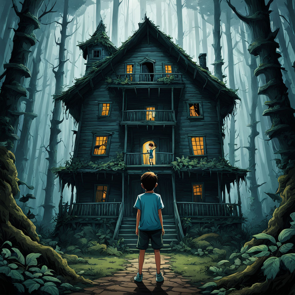 A boy standing on the front of a scary house in the middle o... by ...