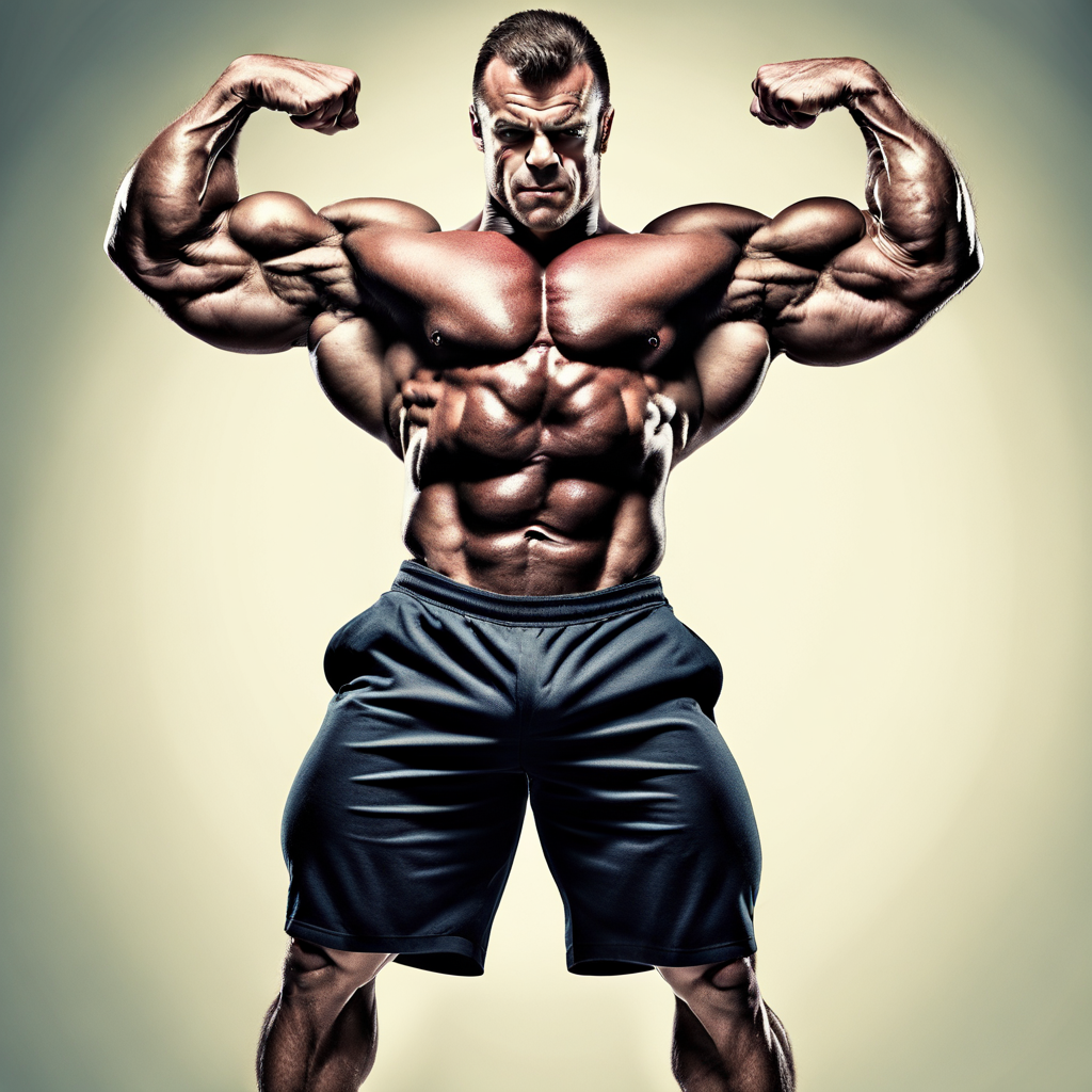 A hyper-muscular bodybuilder striking a front double biceps ... by ...