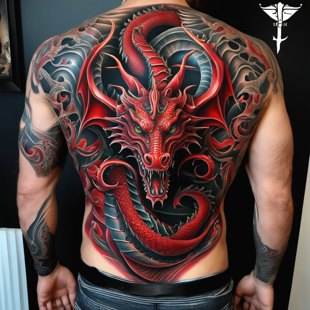 A red dragon biomechanical tattoo in the style of h r geiger... by ...