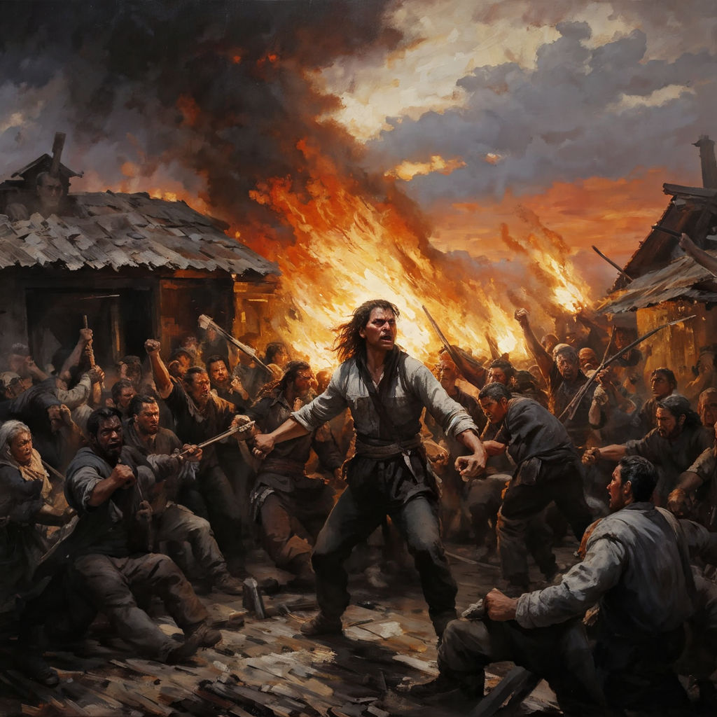 A dynamic oil painting capturing the heat of a fierce peasan... by 갤드 ...