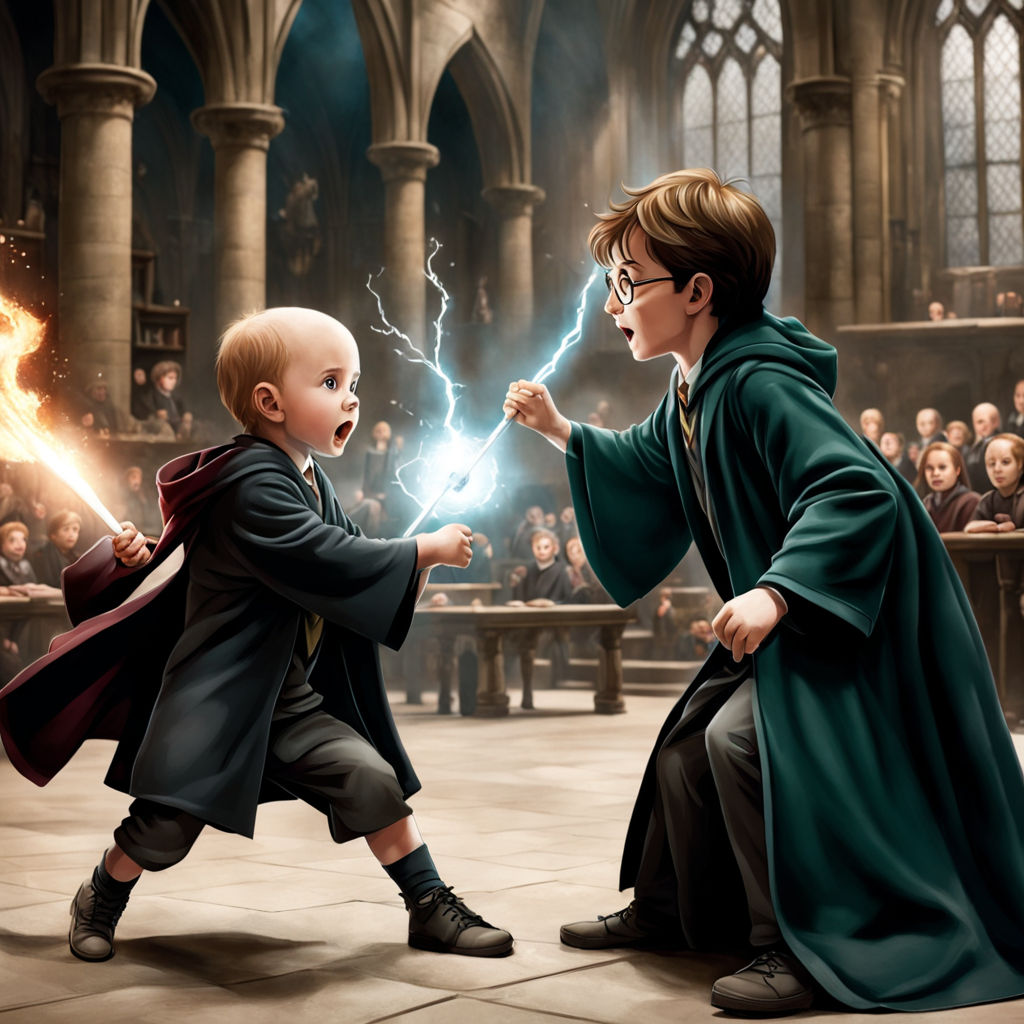 Baby harry potter fighting with voldemort in hogwarts in the... by ...