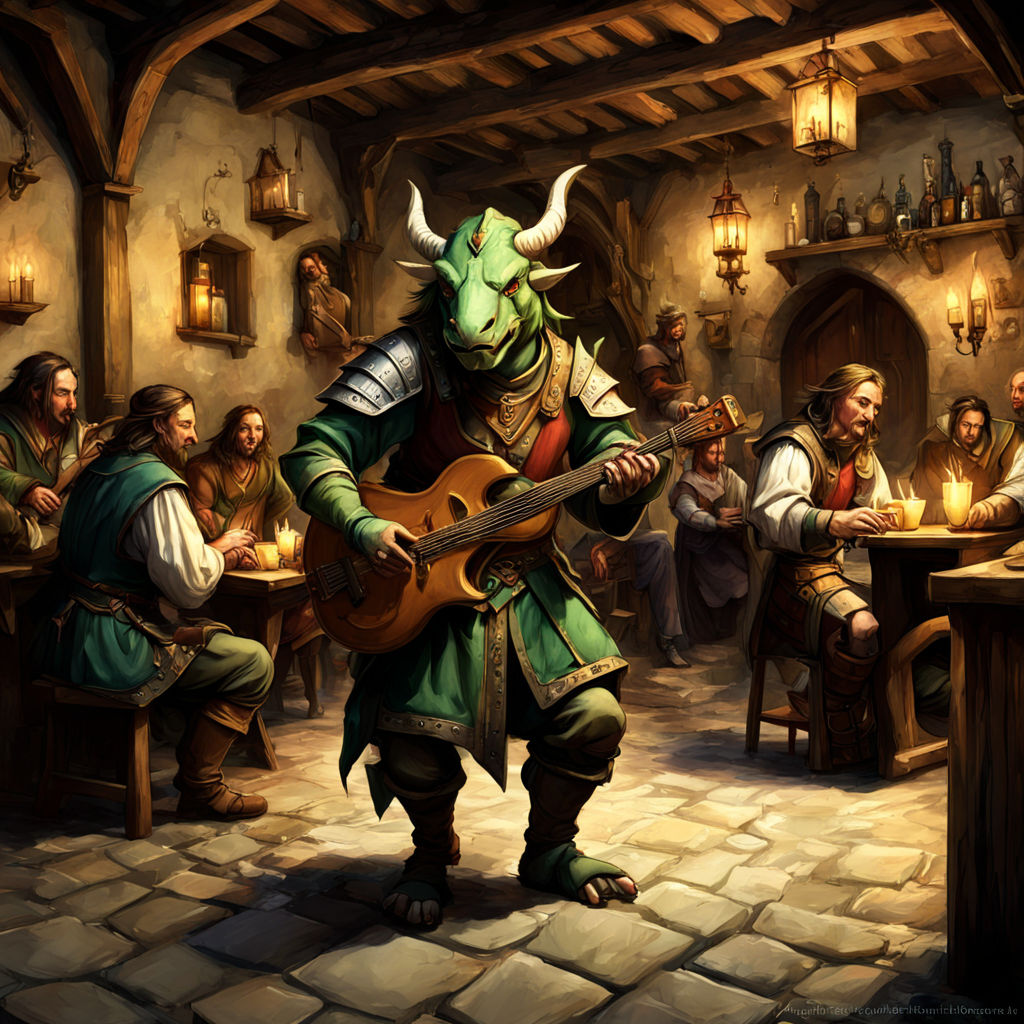 Green dragonborn bard by Wolfy Denimore - Playground