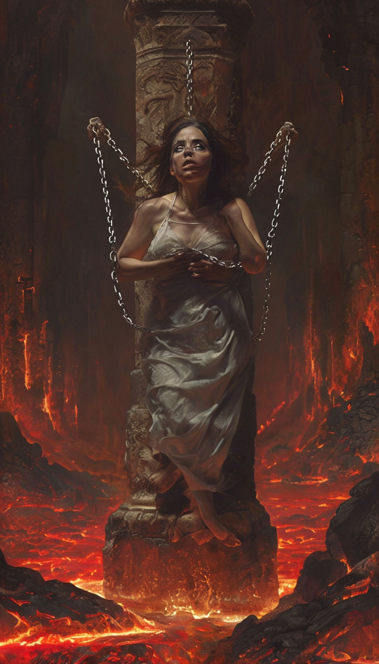 Composition focusing on a woman bound by ethereal chains to ... by ...