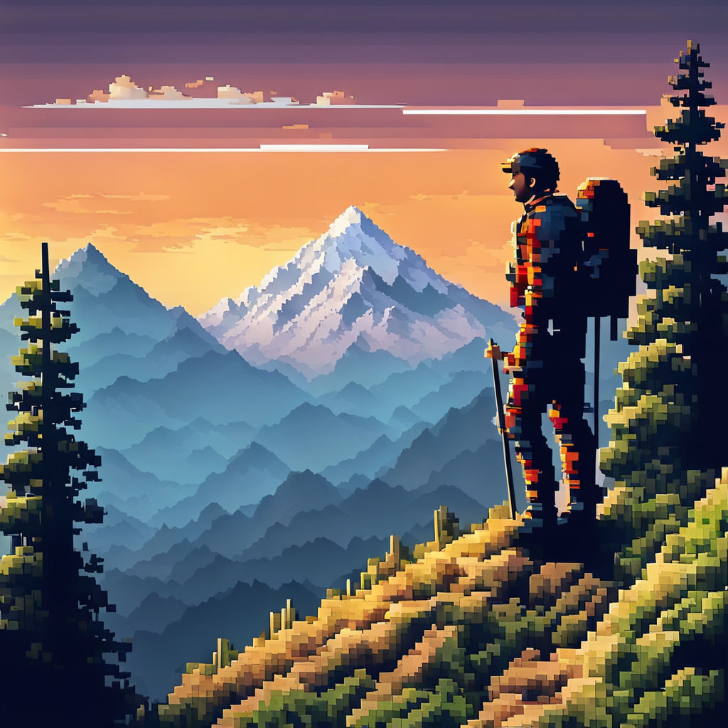 Mountain landscape with mountain climber in pixel art style by никита ...