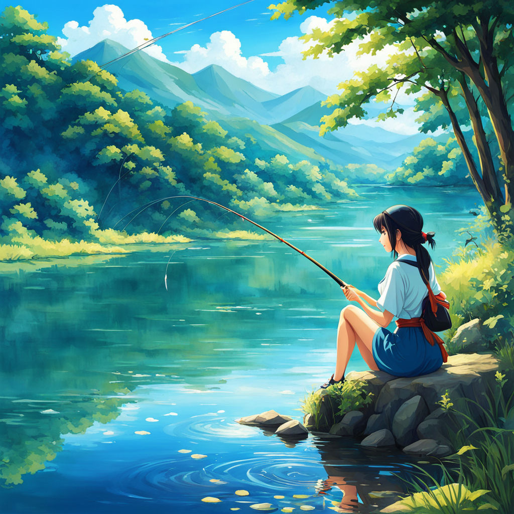 MasterpieceScene of a beautiful woman fishing by the river a... by ...