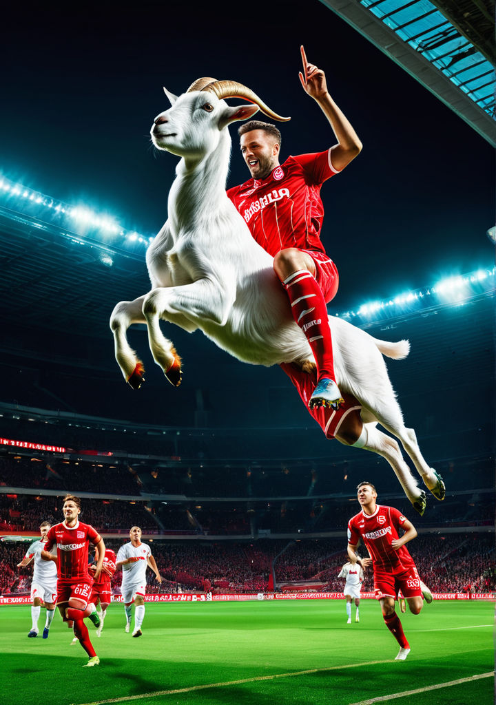 FC Cologne's iconic goat mascot mid-leap over a dynamically ... by ...